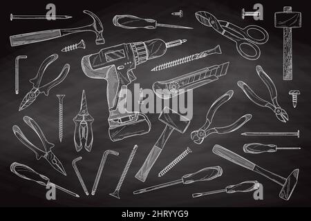 Set of various construction tools in sketch style. Vector illustration ...