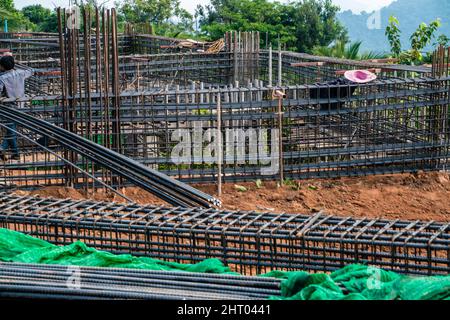 Iron RB ground beam in building construction site working Stock Photo ...