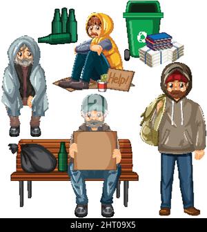 Set of homeless man in different poses illustration Stock Vector Image ...