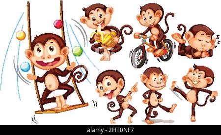 Set of different poses of monkeys cartoon characters illustration Stock ...