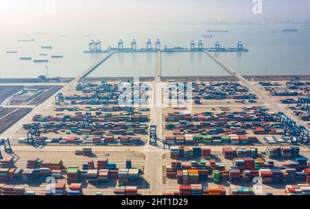 Aerial photo shows the busy container terminal at Yangzhou Port in ...