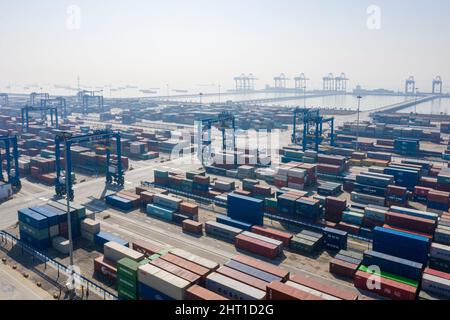 Aerial photo shows the busy container terminal in Yangzhou City, east ...