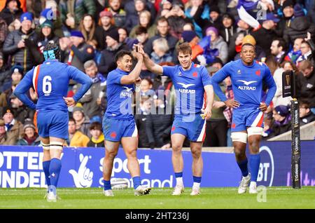 France's Damian Penaud celebrates scoring a try during the Guinness Men ...