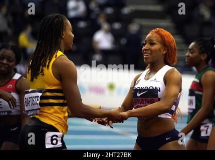 Cheyanne Evans Gray celebrates winning the Women's 60m final during day ...