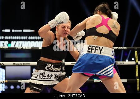 Ebonie Jones (left) and Effy Kathopouli in action during the junior ...