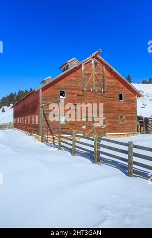 old red barn in winter in the dog creek valley near elliston, montana ...
