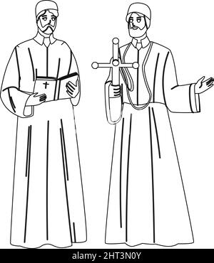Catholic Priest Men With Praying Cross Black Line Pencil Drawing Vector ...