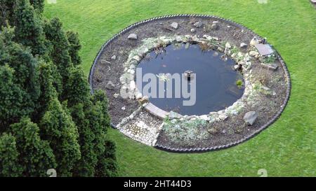 Aerial Top View of Circular Fountain in Public Park with Green ...