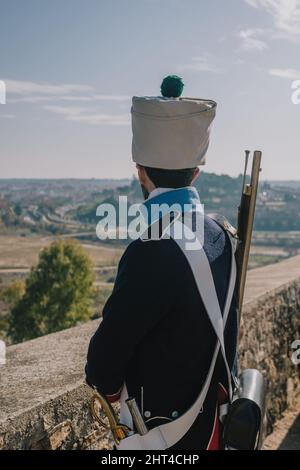 Vertical photo of a soldier from behind standing alone and guarding an ...