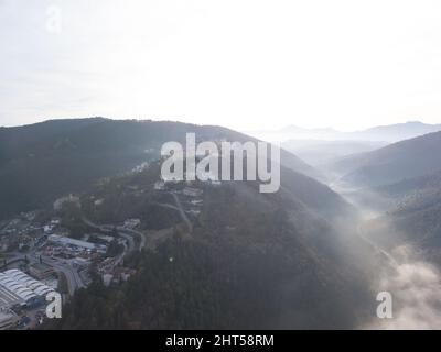 Aerial view of the medieval village of Arcevia in the province of ...