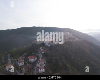 Aerial view of the medieval village of Arcevia in the province of ...