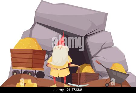Cartoon mine entrance with full minecart on railway. Retro tunnel. Old ...