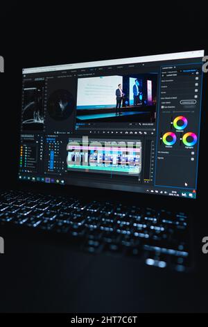 Vertical shot of a video editing process on a computer screen Stock ...