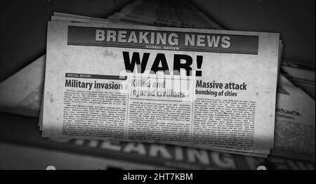 War news, humanitarian crisis and military invasion. Newspaper print ...