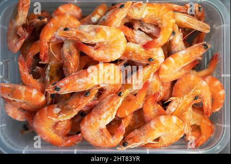 Frozen shrimp in fridge at the fish market. Healthy eating and fish ...