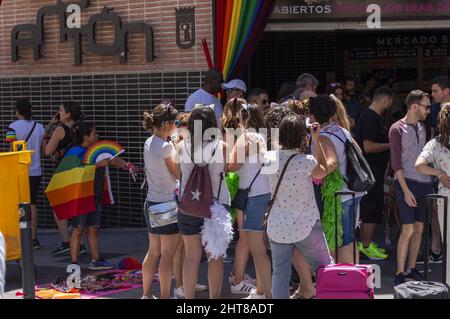 Closeup of the Chueca neighborhood in Madrid, decorated during gay ...