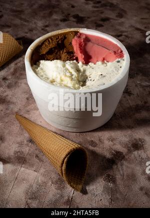 Different flavors of ice cream with waffle cones Stock Photo - Alamy