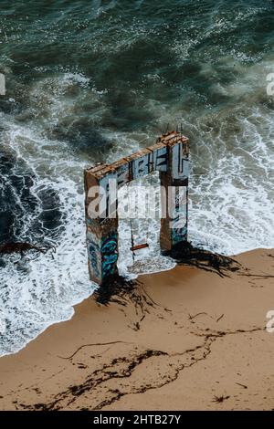 View of abandoned pontoon pylons in the Pacific Ocean, Los Angeles ...