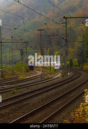 Upper Middle Rhine Valley, railway line on the right bank of the Rhine ...