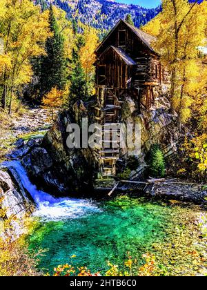 crystal mill river waterfall aspens blue sky clouds fast moving water ...