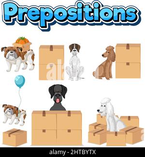 Preposition wordcard design with dogs and word around illustration ...