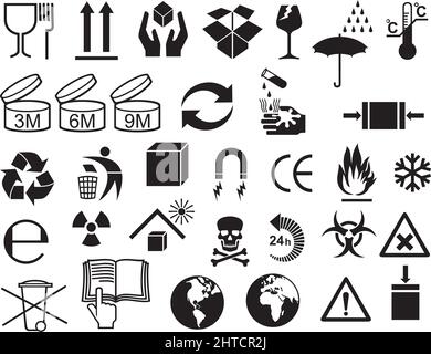 Packaging symbols set. Cardboard package with signs. Information and ...