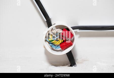 Connection of electrical wires in electrical boxes using red caps of ...