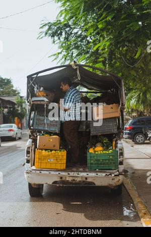 Mexican person worker, with a truck full of fruit Stock Photo - Alamy