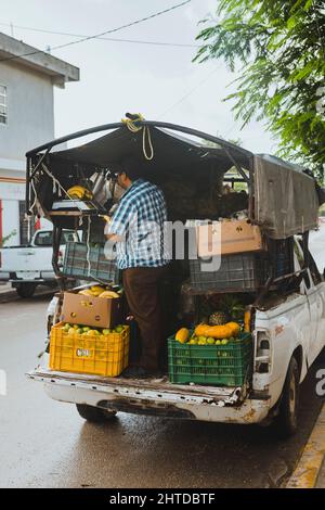 Mexican person worker, with a truck full of fruit Stock Photo - Alamy
