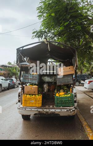 Mexican person worker, with a truck full of fruit Stock Photo - Alamy