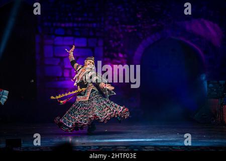 Dancers of Gulabi sapera party perform kalbelia dance during the celebration.The event is being ...