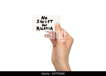No SWIFT for Russia text on a card isolated on a white background in ...