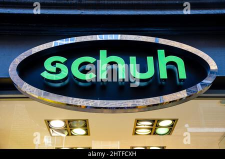 A close-up of a Schuh store sign in Cardiff, Wales, United Kingdom ...