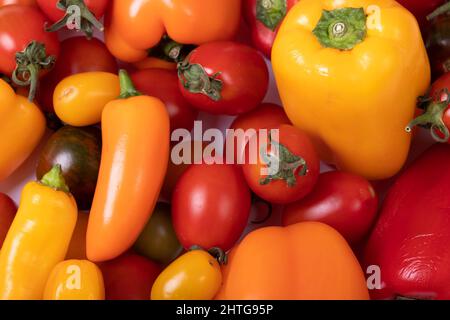 Full frame shot of fresh tomatoes and bell peppers, copy space Stock ...