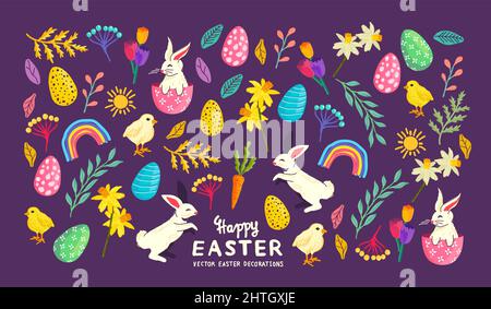A collection of easter celebration elements with rabbits , floral ...