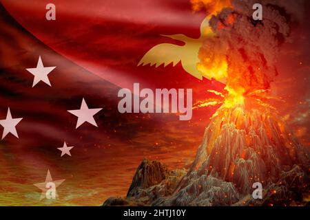 big volcano blast eruption at night with explosion on Qatar flag ...