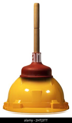 Close-up of a red rubber plunger with wooden handle and a modern ...