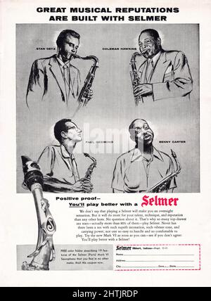 An ad from a 1956 music magazine for Conn saxophones with endorsements ...