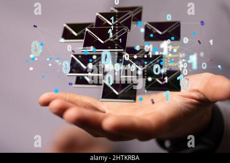 Collection of illustrative email symbols surrounded with binary code ...