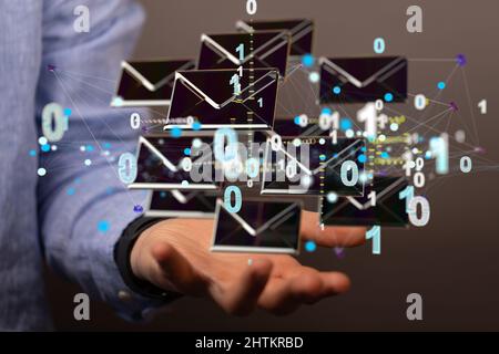Collection of illustrative email symbols surrounded with binary code ...