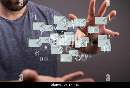 Collection of illustrative email symbols surrounded with binary code ...