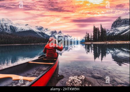 Scenery of Spirit Island with male traveler enjoying on pier at the ...