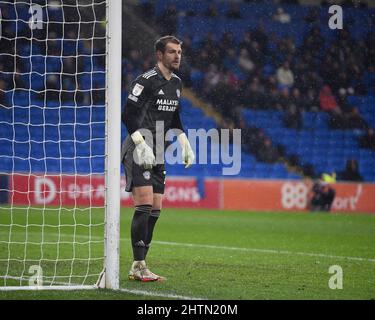 Cardiff, UK. 01st Mar, 2022. Luke Plange #48 of Derby County clears the ...