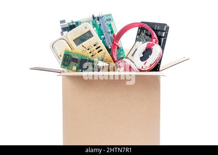 Box with discarded stuff isolated over white background Stock Photo - Alamy