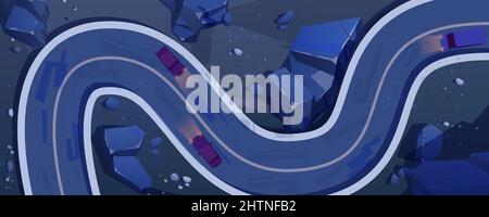 Road with cars top view, winding highway at land surface with rock and ...