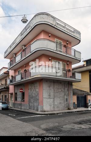 1930s apartment blocks in Mascali, Etna, Sicily, Italy. The town was ...