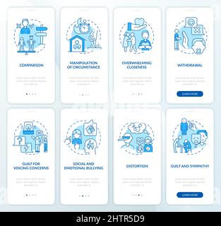 Emotional manipulation tactics blue onboarding mobile app screen Stock ...