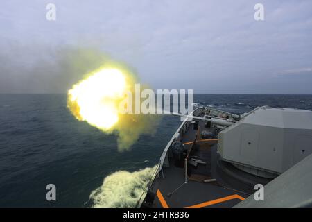 Directly hit the wonderful moment of naval combat training at sea Stock ...