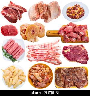 Various raw meat products isolated on white background Stock Photo - Alamy