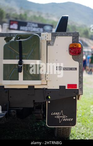 A vertical photo of Land Rover Santana in blue Stock Photo - Alamy